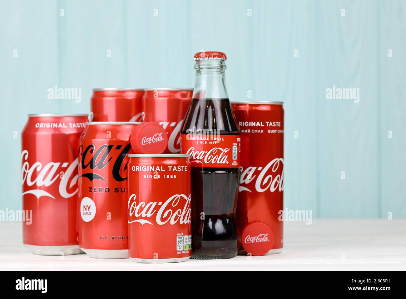 KHARKIV, UKRAINE - DECEMBER 16, 2021: Coca Cola production with classic ...