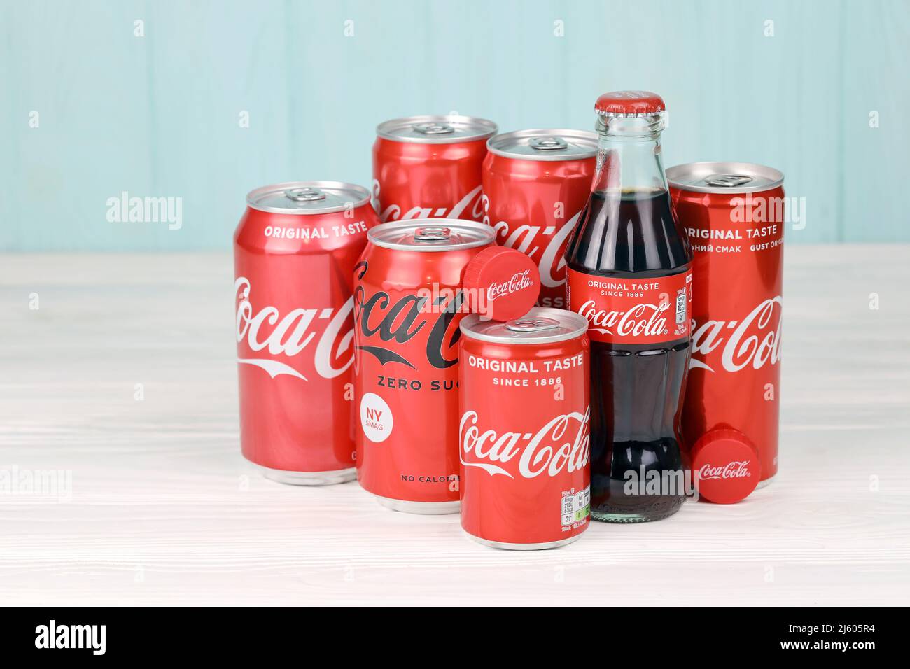 KHARKIV, UKRAINE - DECEMBER 16, 2021: Coca Cola production with classic ...