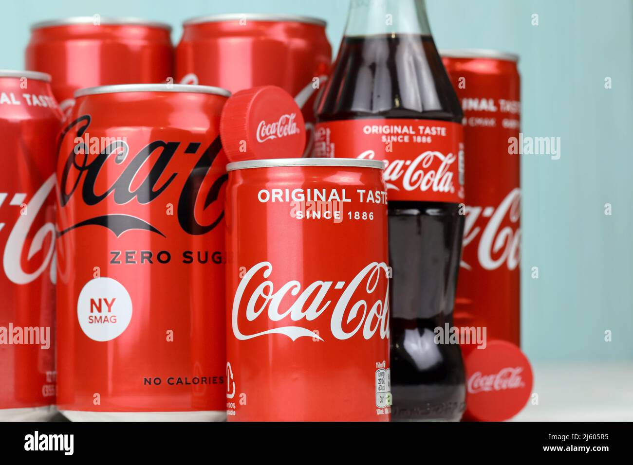 KHARKIV, UKRAINE - DECEMBER 16, 2021: Coca Cola production with classic ...