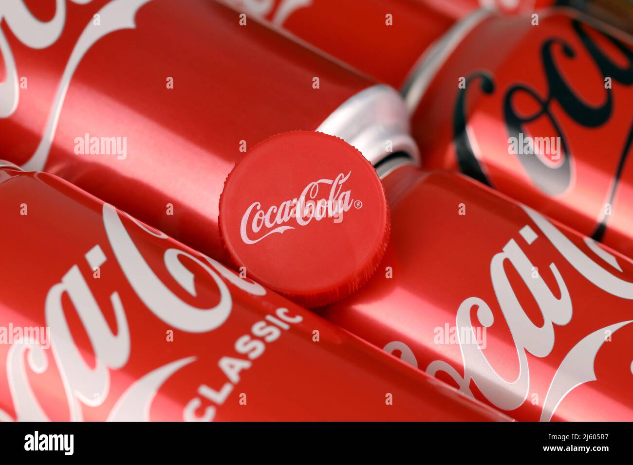 KHARKIV, UKRAINE - DECEMBER 16, 2021: Coca Cola production with classic ...