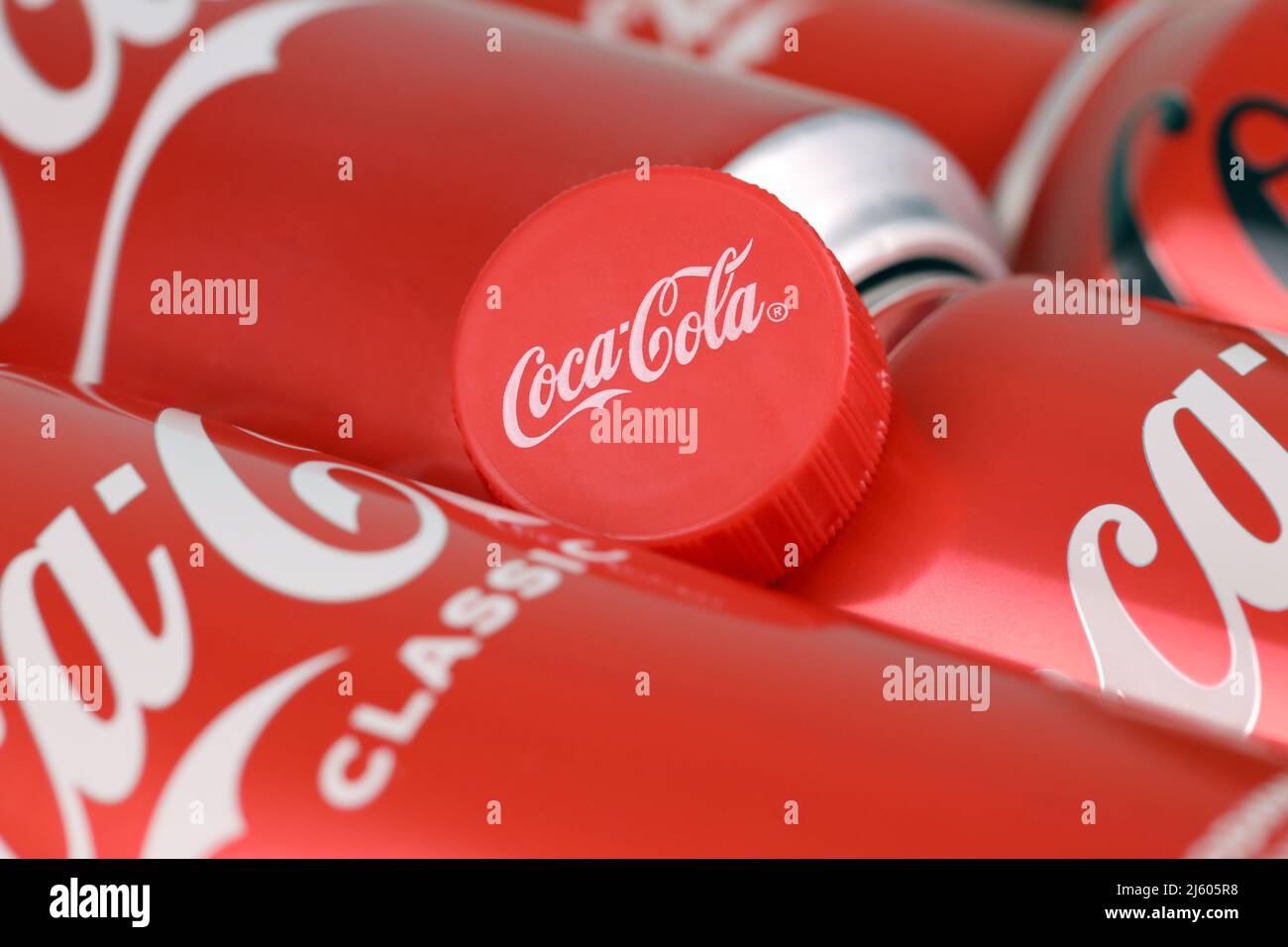 KHARKIV, UKRAINE - DECEMBER 16, 2021: Coca Cola production with classic ...