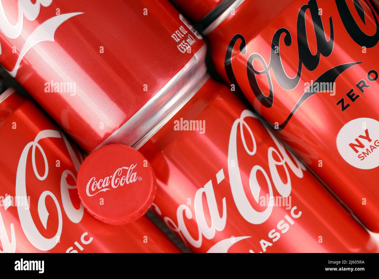 KHARKIV, UKRAINE - DECEMBER 16, 2021: Coca Cola production with classic ...