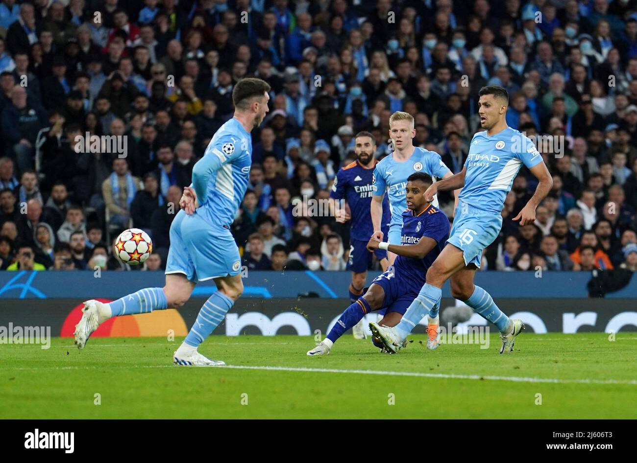 Real Madrid's Rodrygo shoots during the UEFA Champions League Semi ...