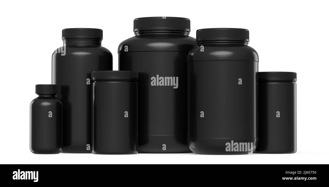 Set of black plastic jar for sport nutrition protein powder isolated on ...