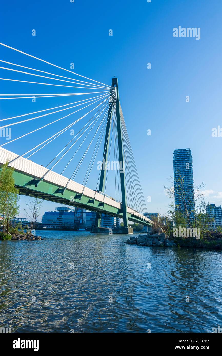 Wien, Vienna: river Donau (Danube), cable-stayed bridge ...