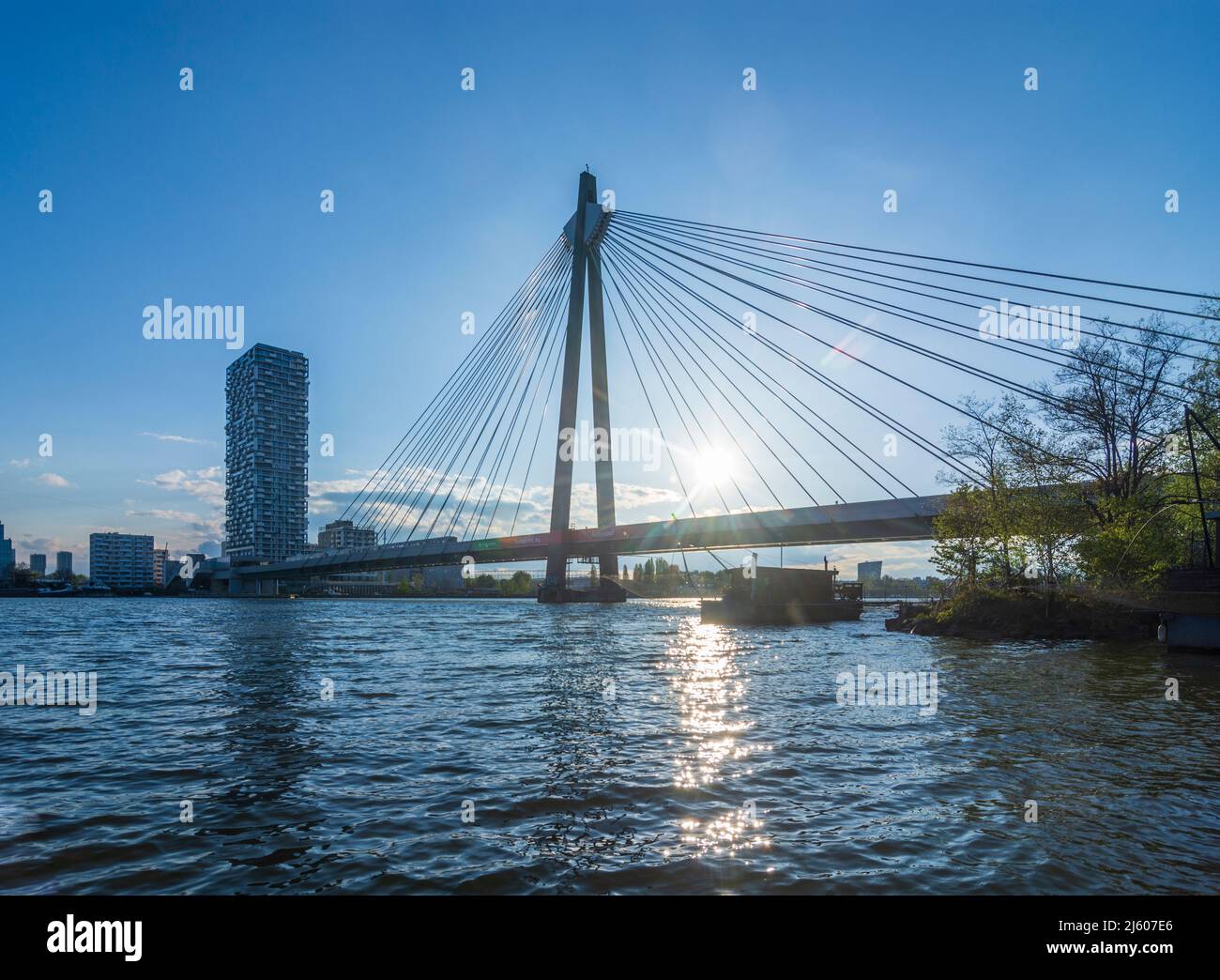 Wien, Vienna: river Donau (Danube), cable-stayed bridge ...