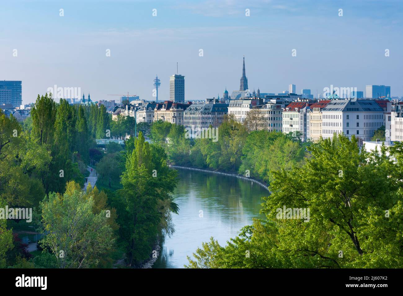 Wien, Vienna: water channel Donaukanal, city center with cathedral ...