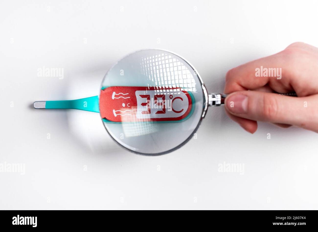 Magnifier and thermometer layout showing high temperature. Fever ...