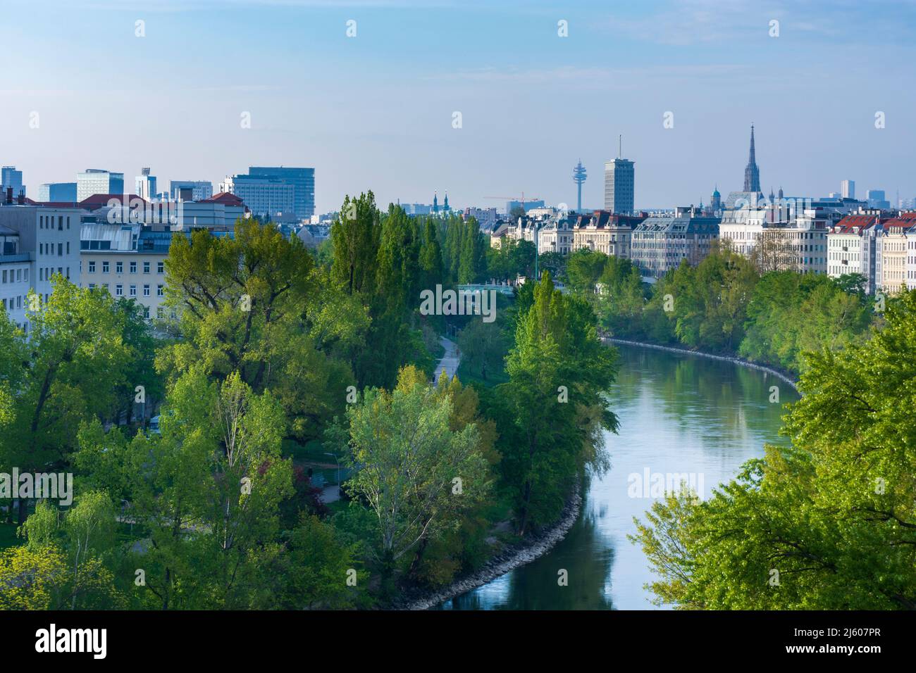 Wien, Vienna: water channel Donaukanal, city center with cathedral ...