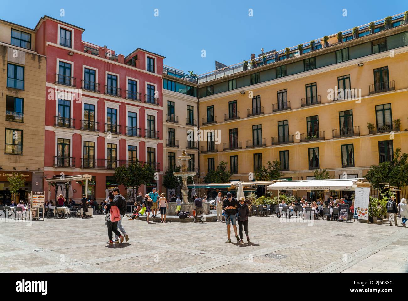 View from the Obispo Square in front of the Cathedral of Malaga. Famous ...
