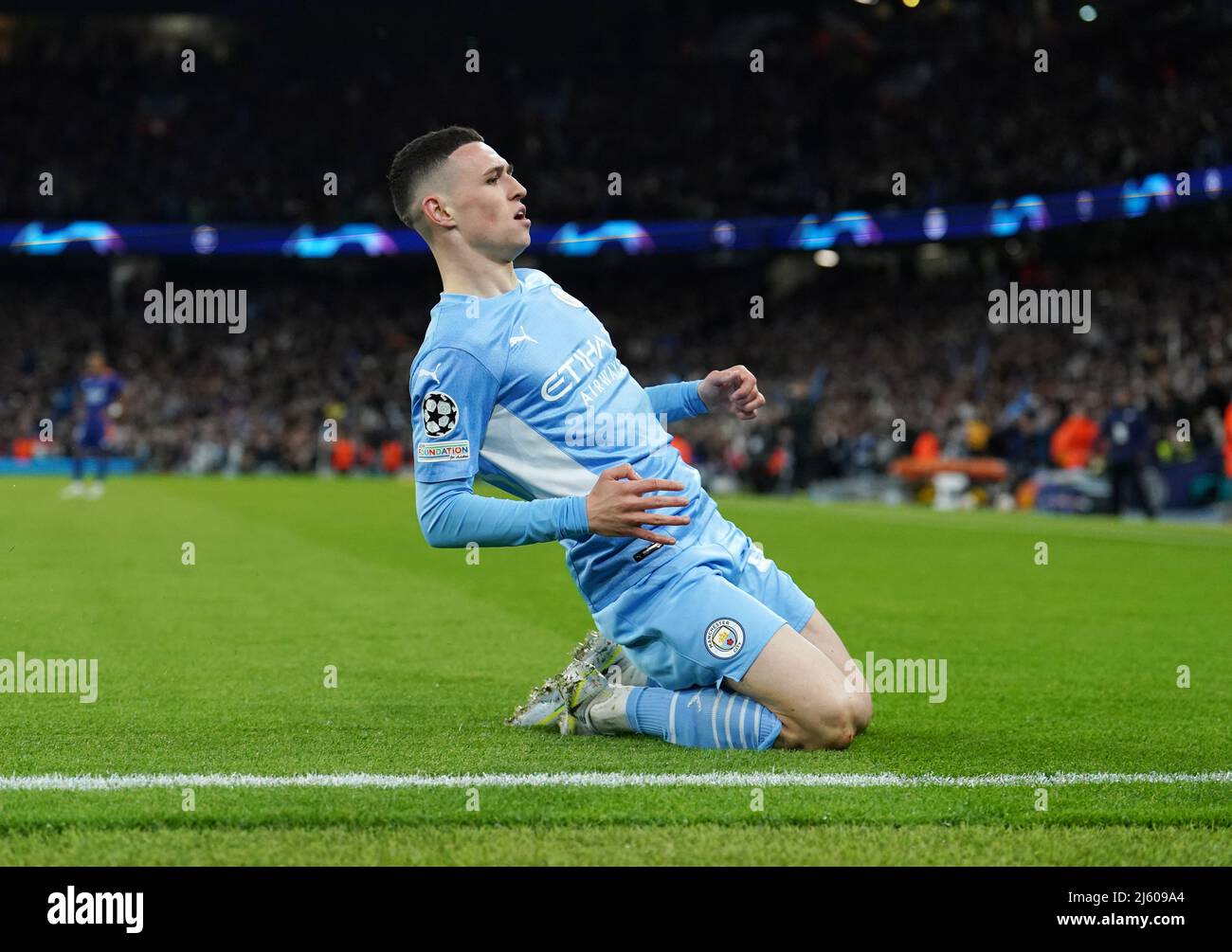 Manchester City's Phil Foden celebrates scoring their side's third goal ...