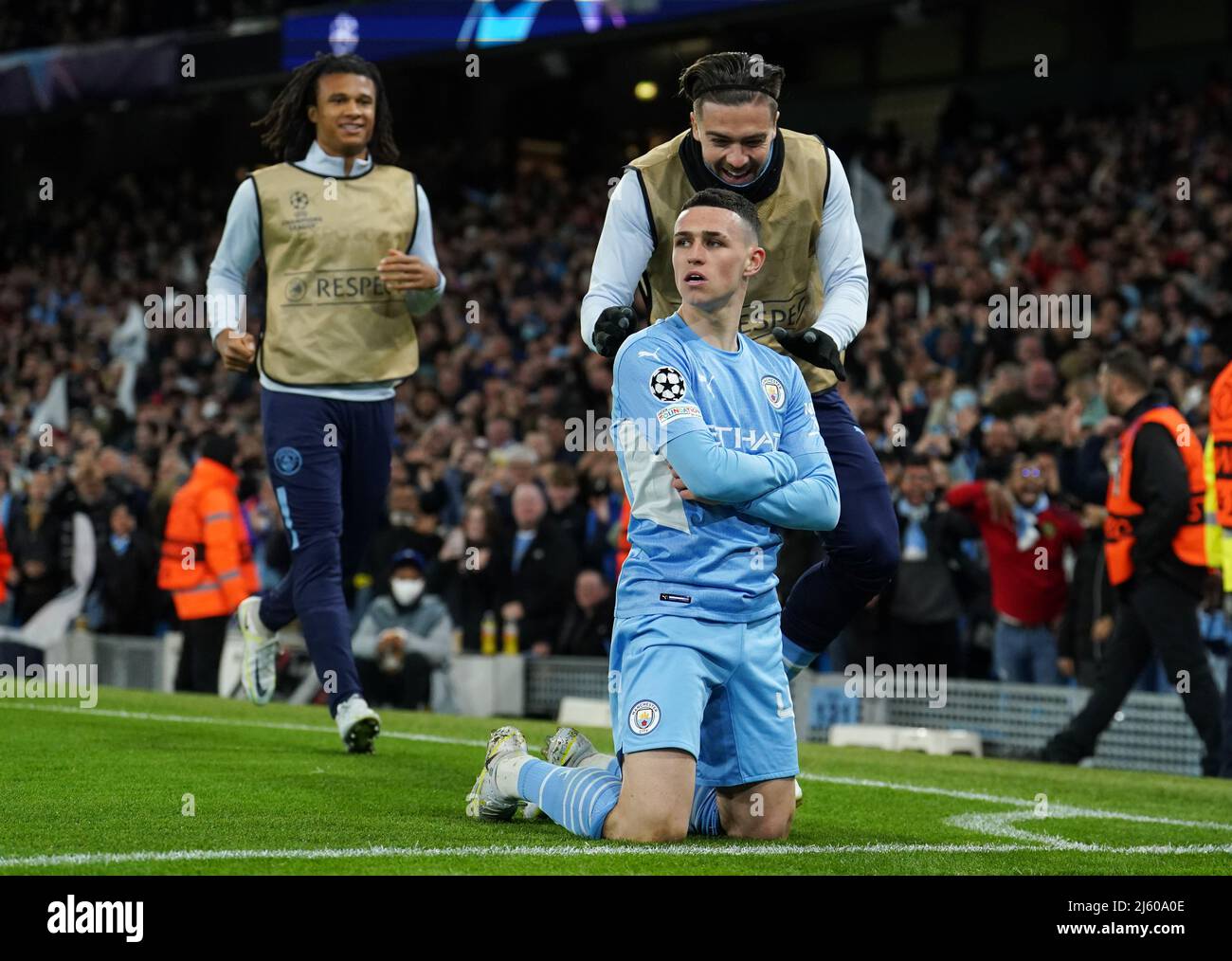 Manchester City's Phil Foden celebrates scoring their side's third goal ...