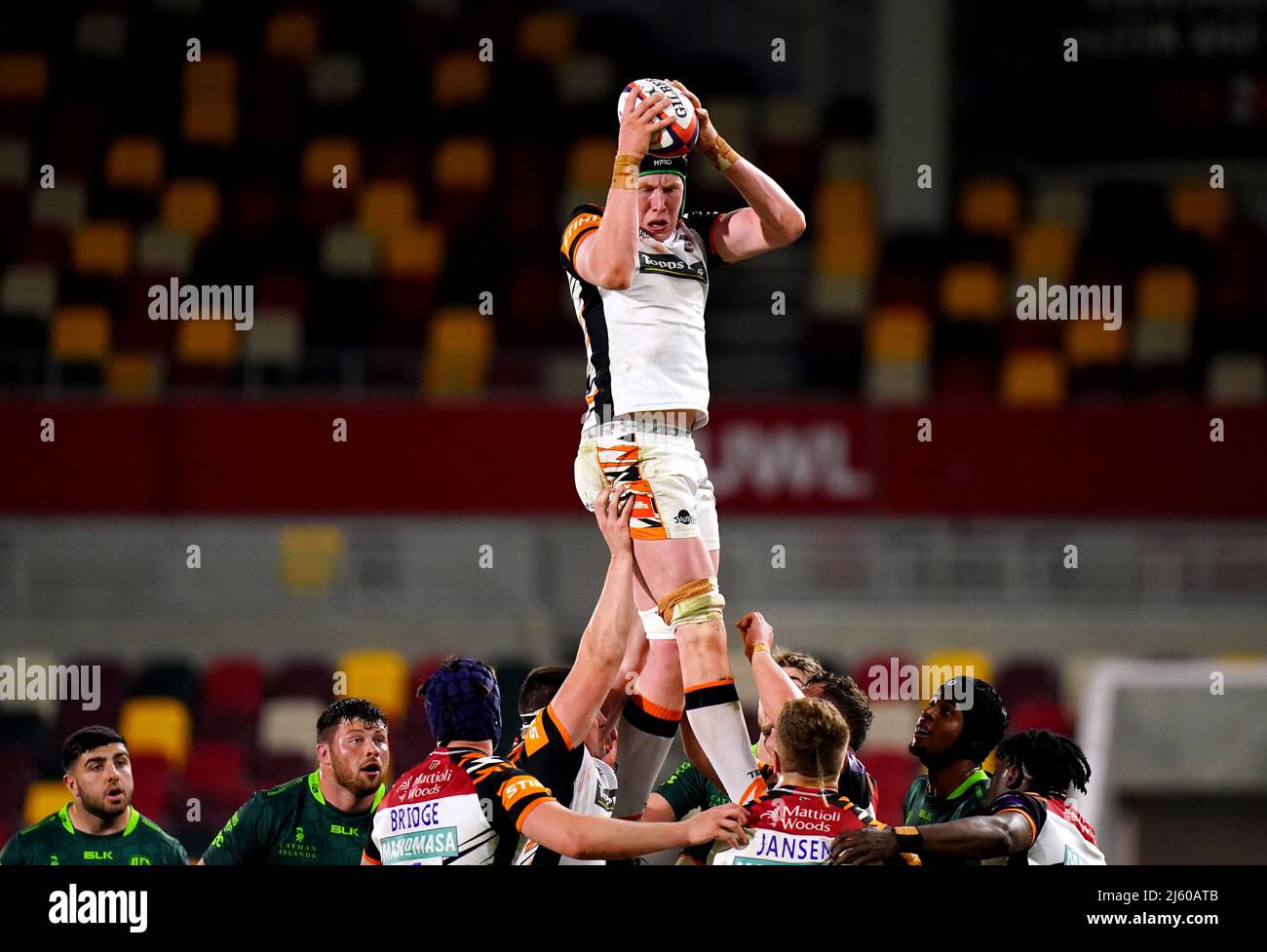 Leicester Tigers' Lewis Chessum wins the line-out during the ...