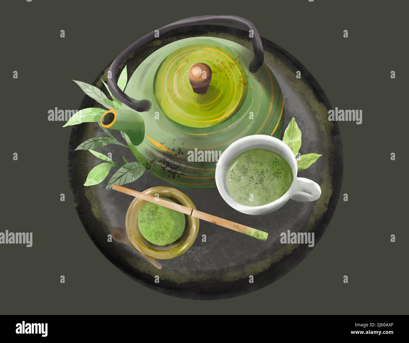 Matcha Tea. Kettle and Matcha drink, green powder, spoon, bowl of ...