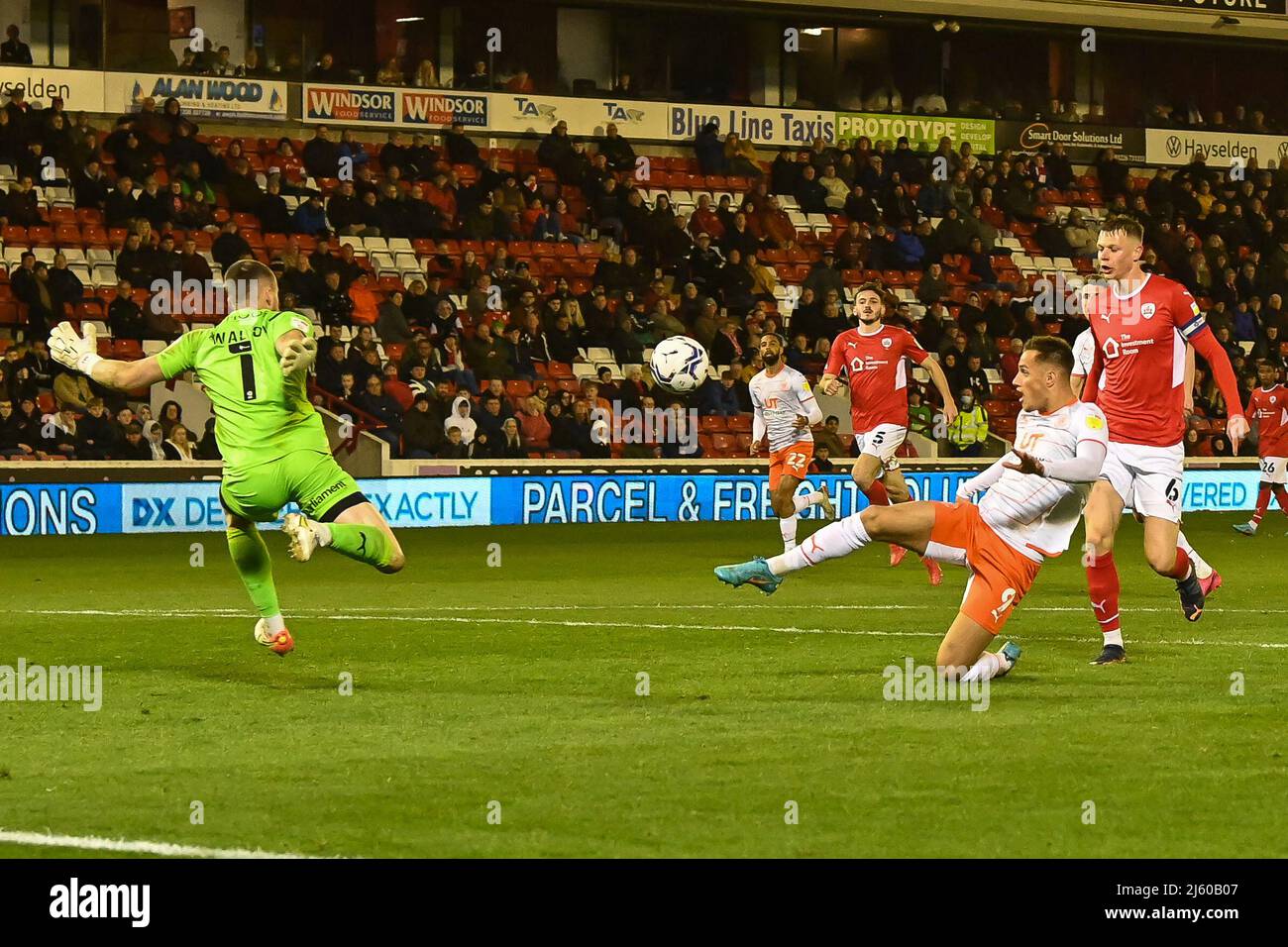 Jerry Yates #9 of Blackpool shoots on goal Stock Photo - Alamy