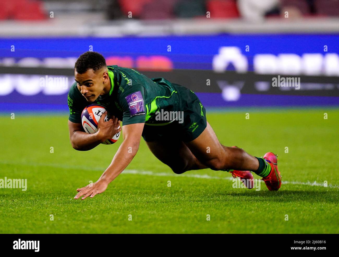 London Irish's Will Joseph scores a try during the Premiership Rugby ...