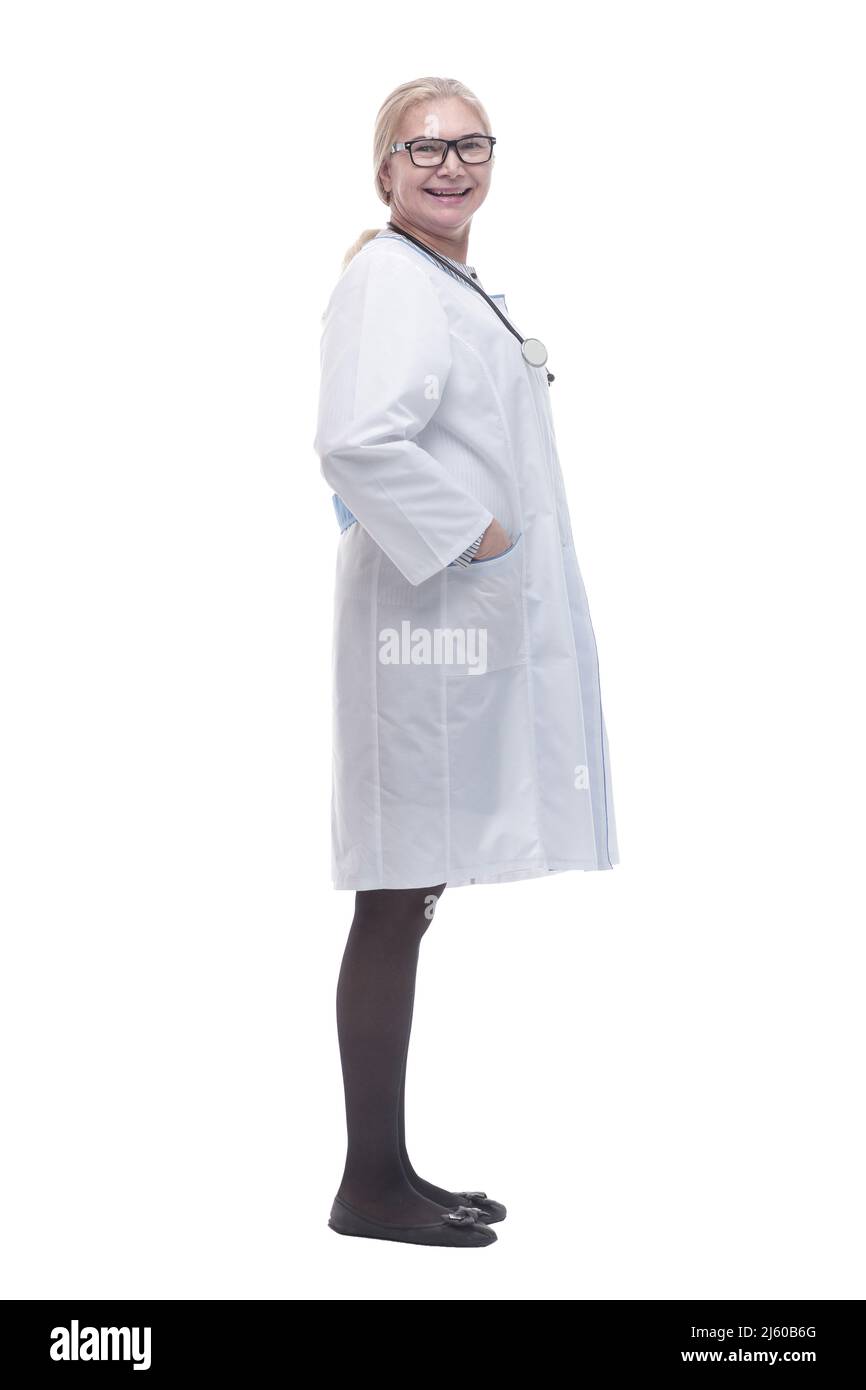 side view. friendly female doctor looking forward Stock Photo - Alamy