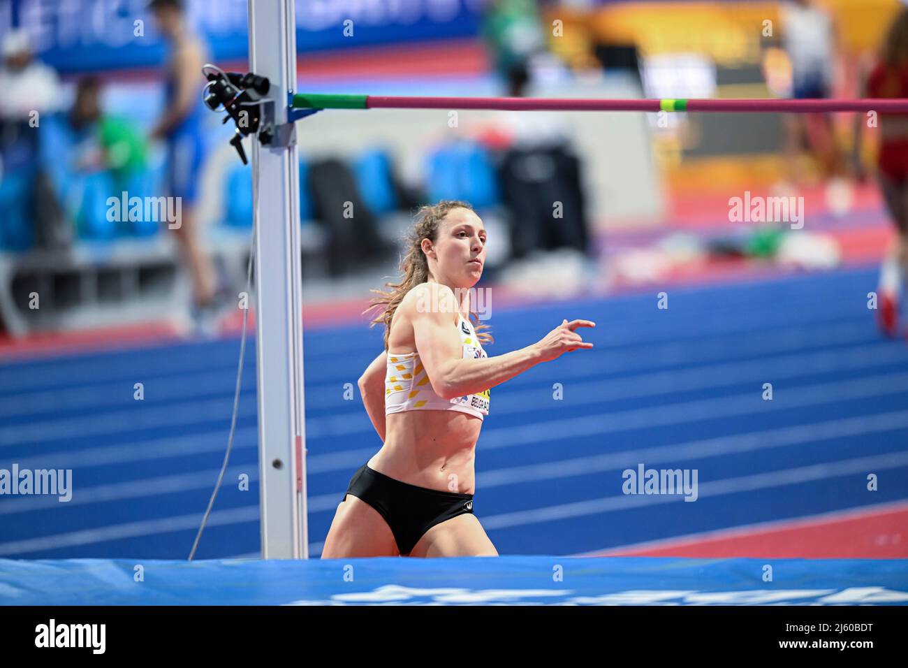 Noor Vidts participating in the Belgrade 2022 World Indoor Championships in the High Jump of the ...