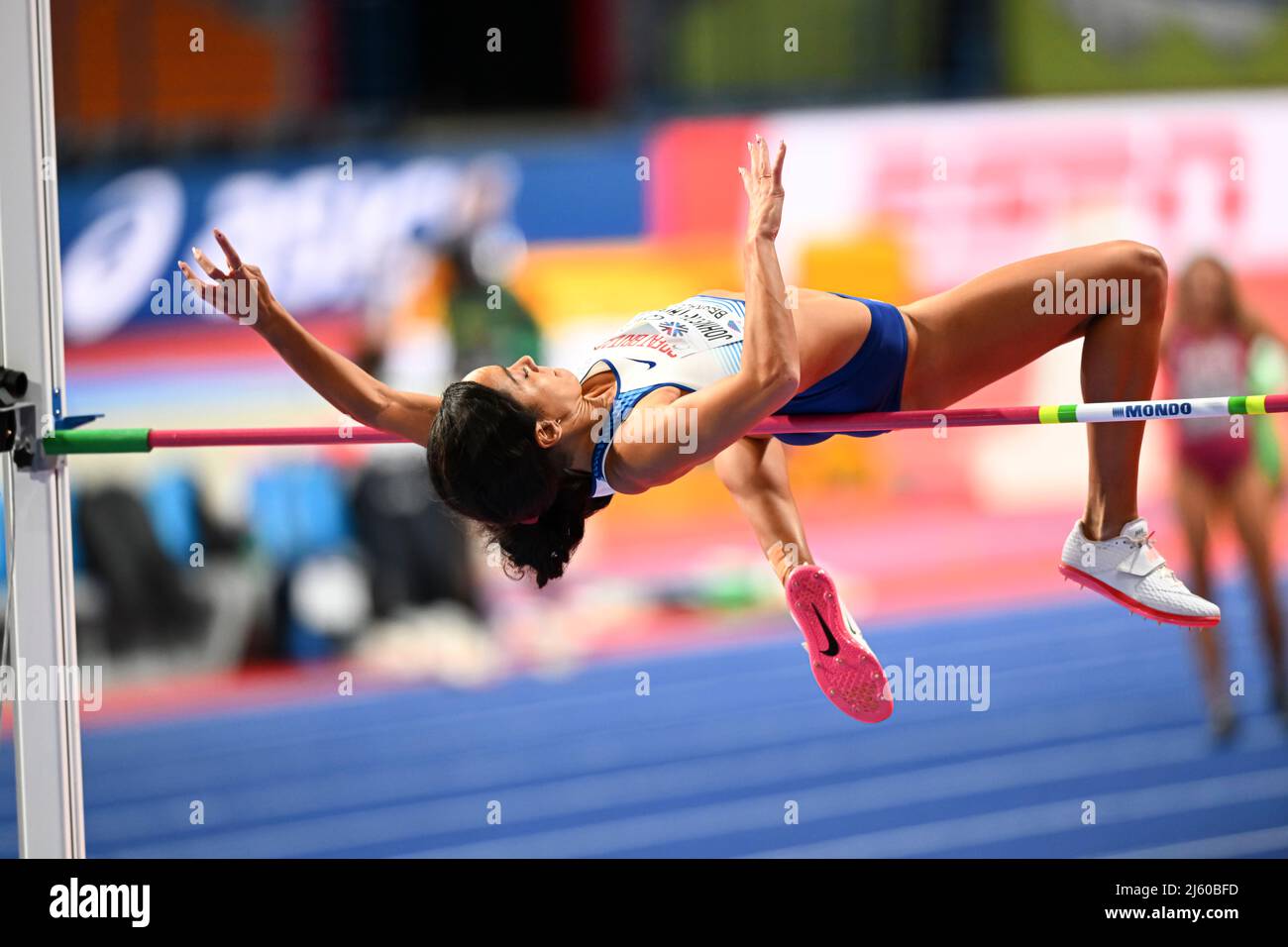 Katarina Johnson-Thompson participating in the Belgrade 2022 World Indoor Championships in the ...