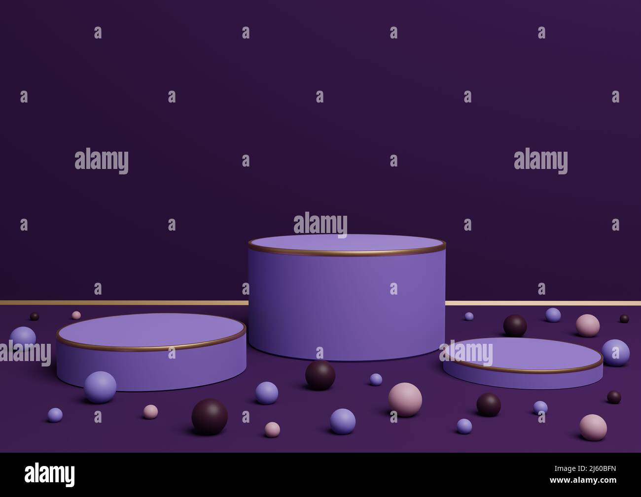 Dark purple, violet 3D rendering of three podium stands product display ...