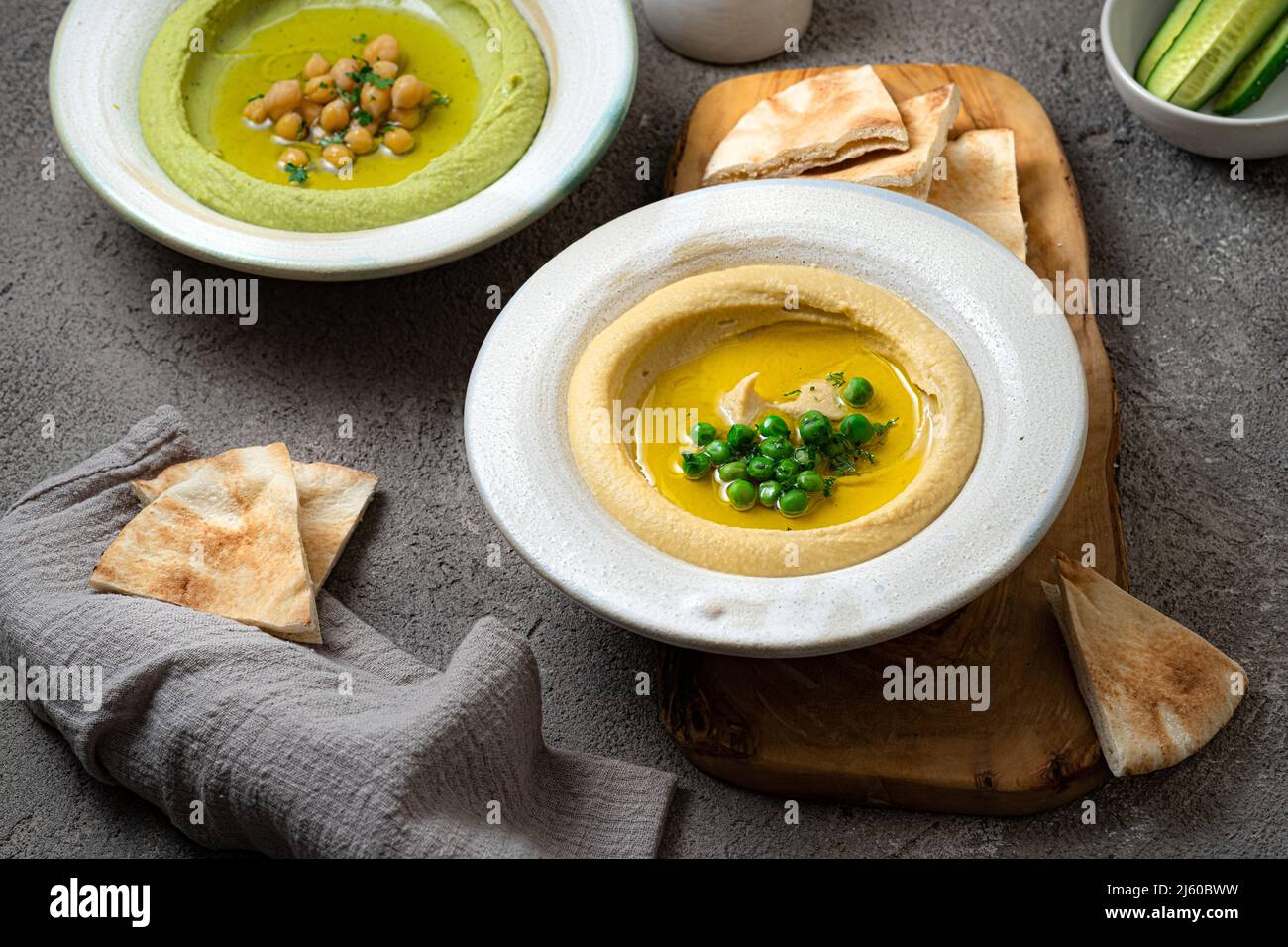 Arabian hummus with pita bread and vegetables, top view Stock Photo - Alamy