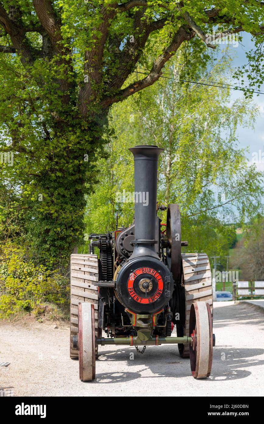 Burrell traction engine under a tree in an English green country lane ...
