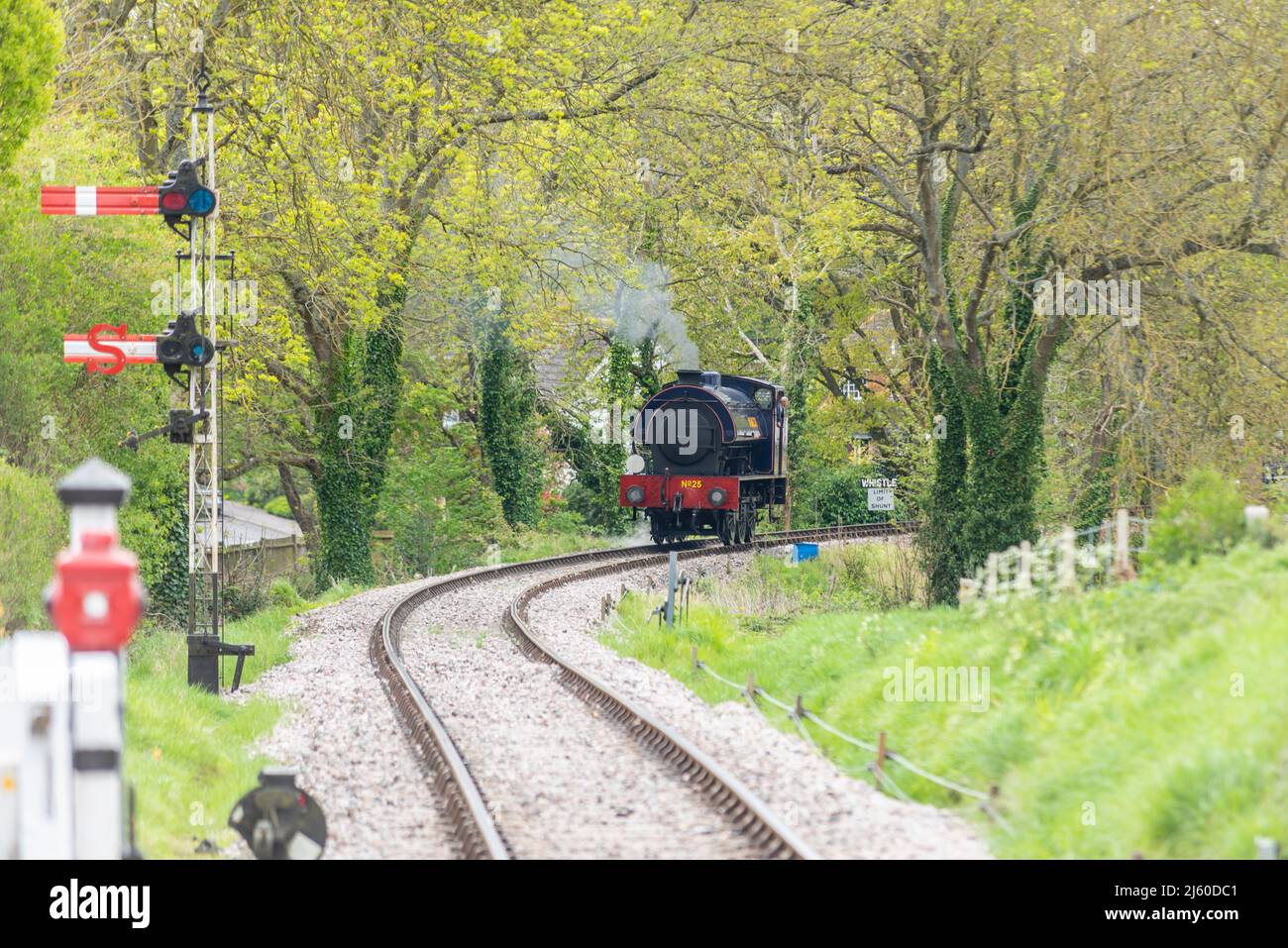 Hunslet Austerity 0-6-0 Saddle Tank steam locomotive under a canopy of ...
