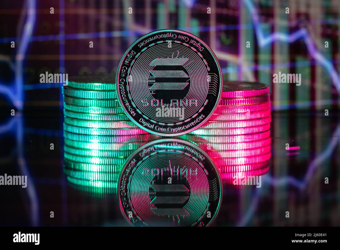 Solana SOL cryptocurrency physical coin and blurry price charts Stock ...