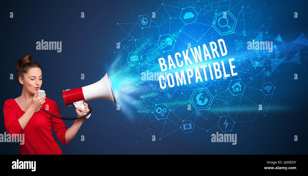 Young woman shouting in megaphone, technology announcement concept ...