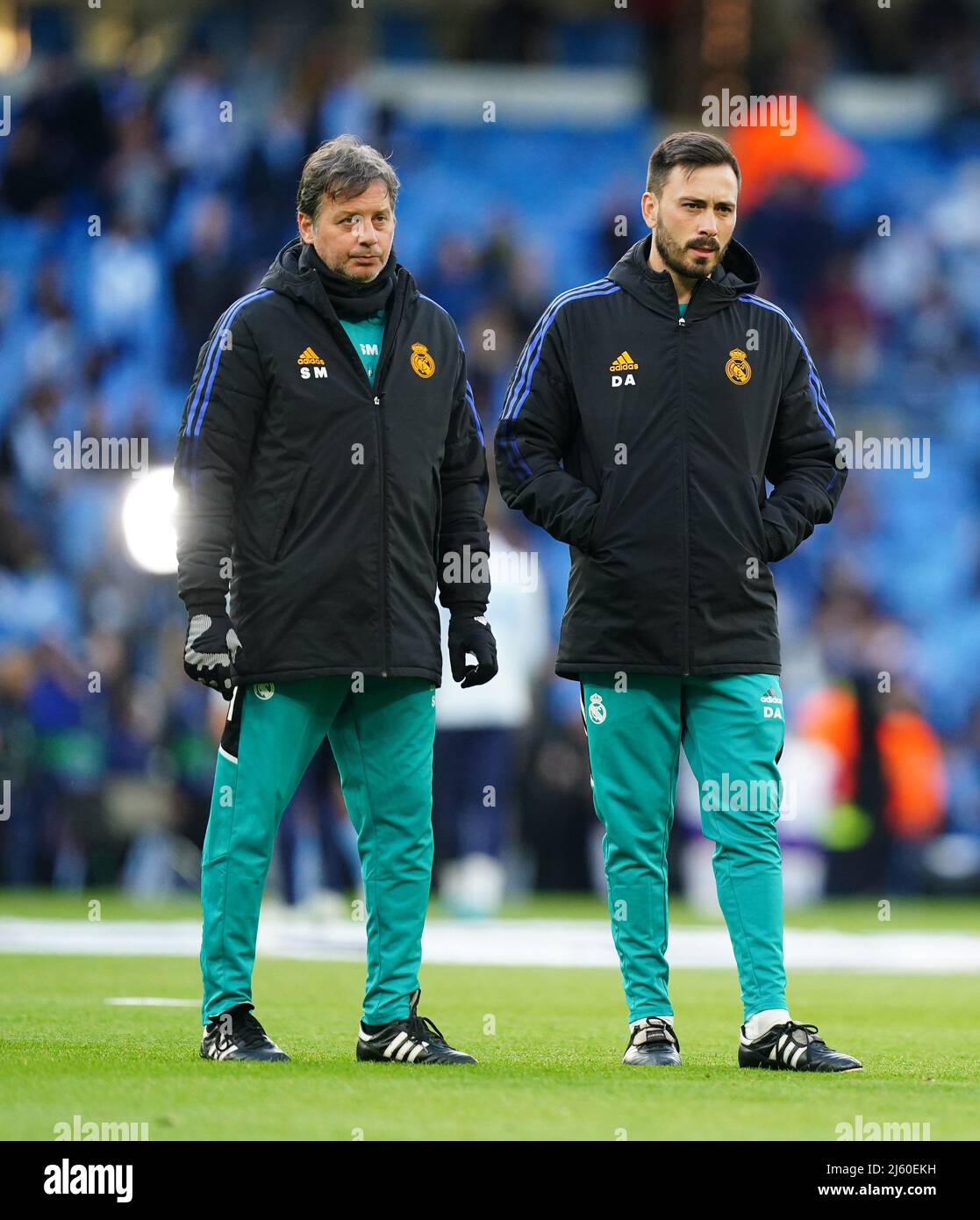 Real Madrid assistant coach Davide Ancelotti (centre) and Technical analyst Simone Montanaro ...