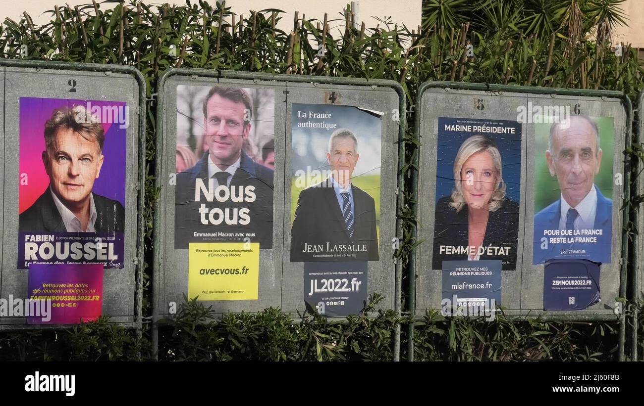 Hyeres, France - April 15, 2022: French politicians electoral posters ...