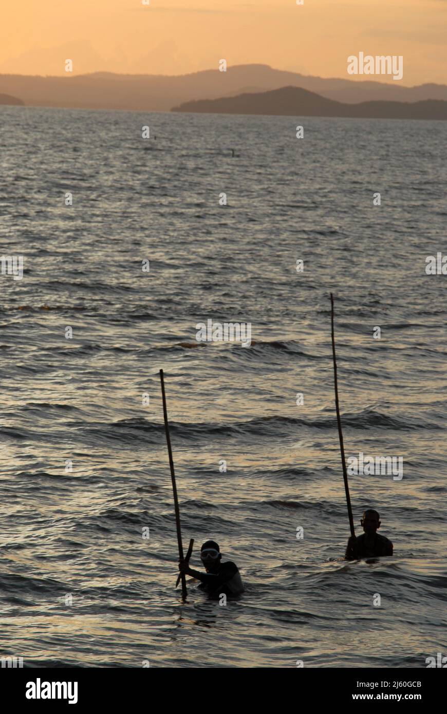Men with spears fishing shells and scallops on the sea, Valladolid ...