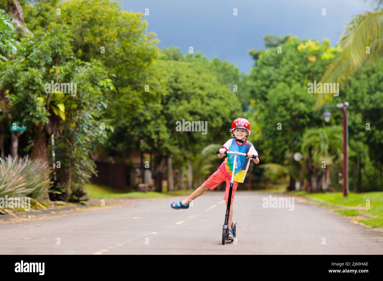 Little boy riding scooter. Kids ride kick board. Child playing on ...