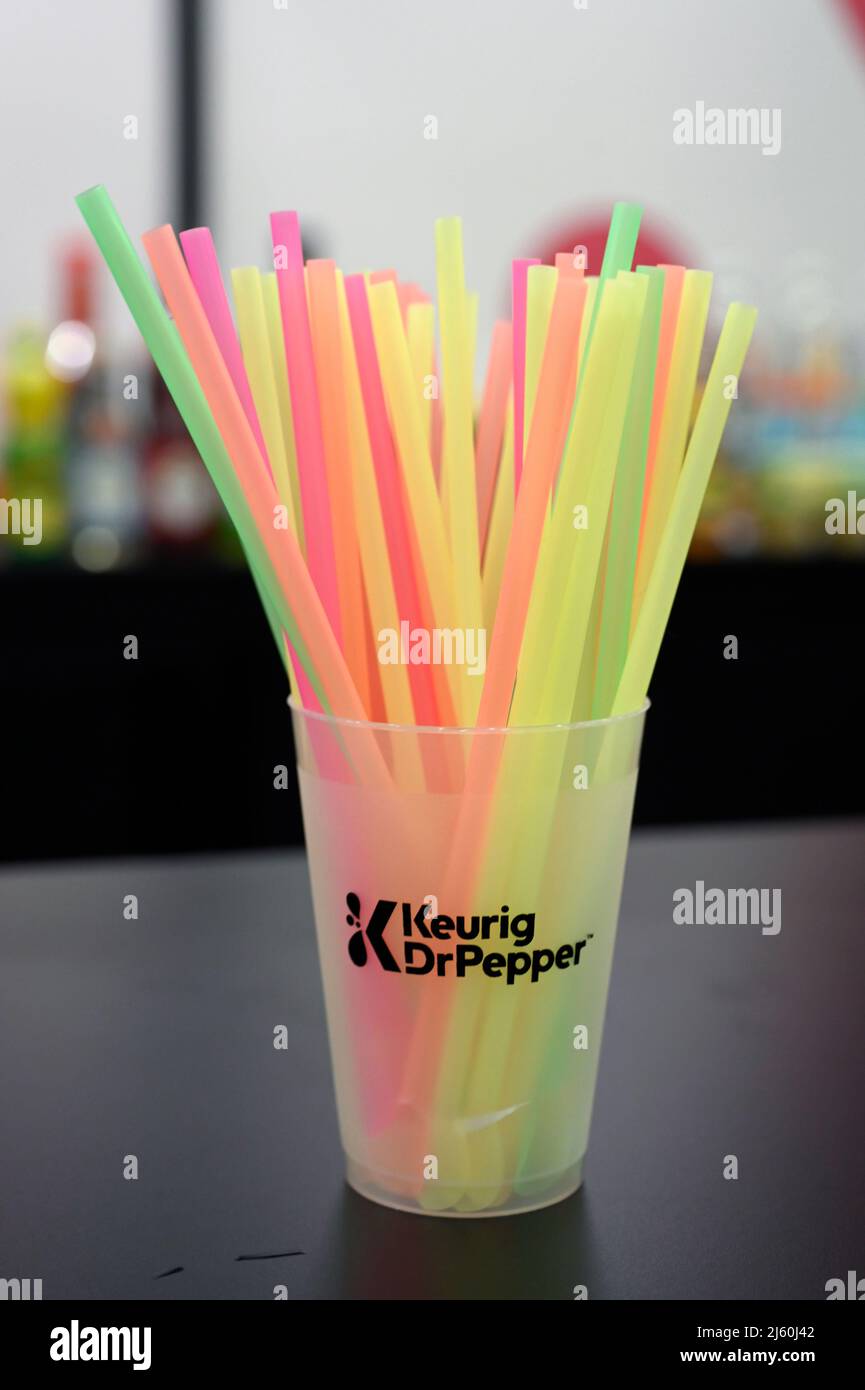 Straws are displayed at the Keurig Dr Pepper booth on the trade show ...