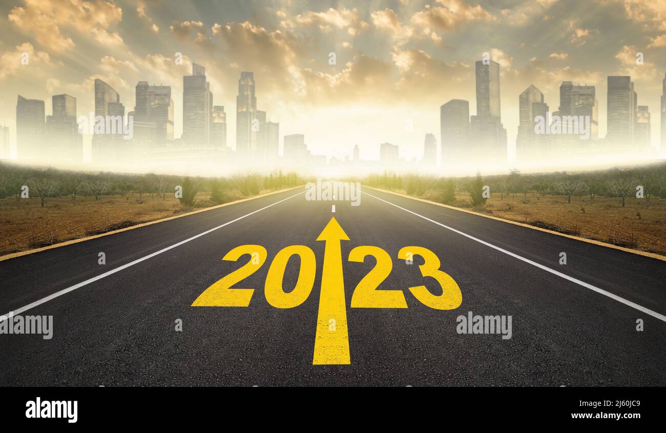 2023 year goals concept. 2023 year lettering with arrow on Asvalt road ... 2023 year goals concept. 2023 year lettering with arrow on Asvalt road ...