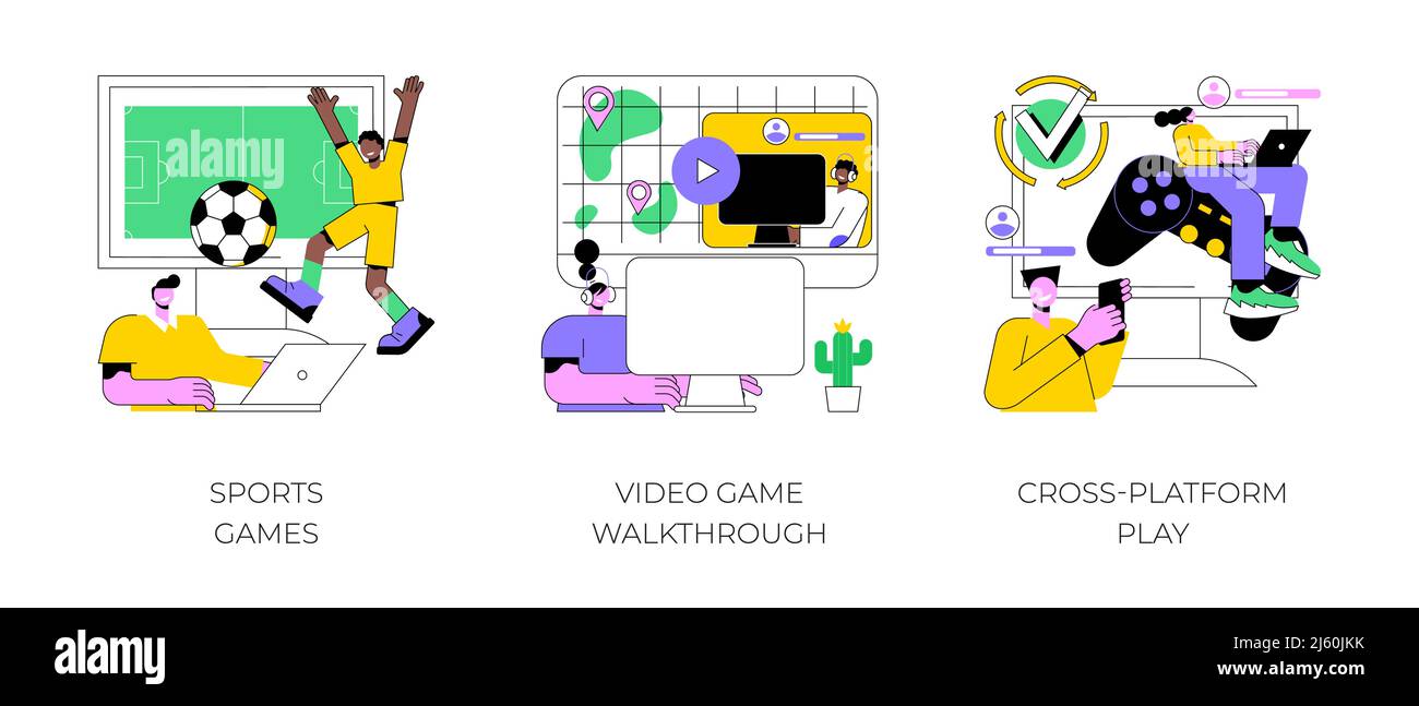 Digital gaming abstract concept vector illustration set. Sports games, video game walkthrough ...