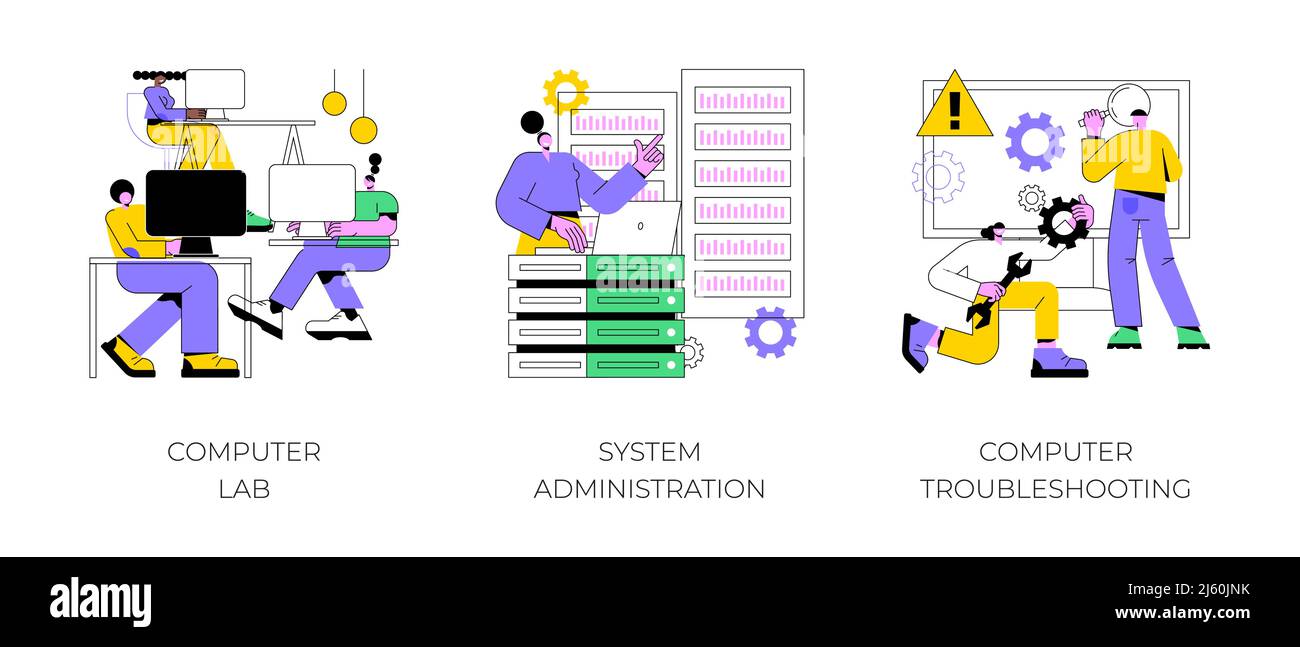 Computers and software abstract concept vector illustration set. Computer lab, system ...
