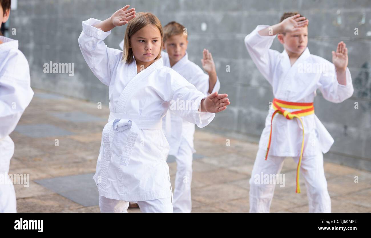 Group of schoolchildren practicing karate at schoolyard Stock Photo - Alamy