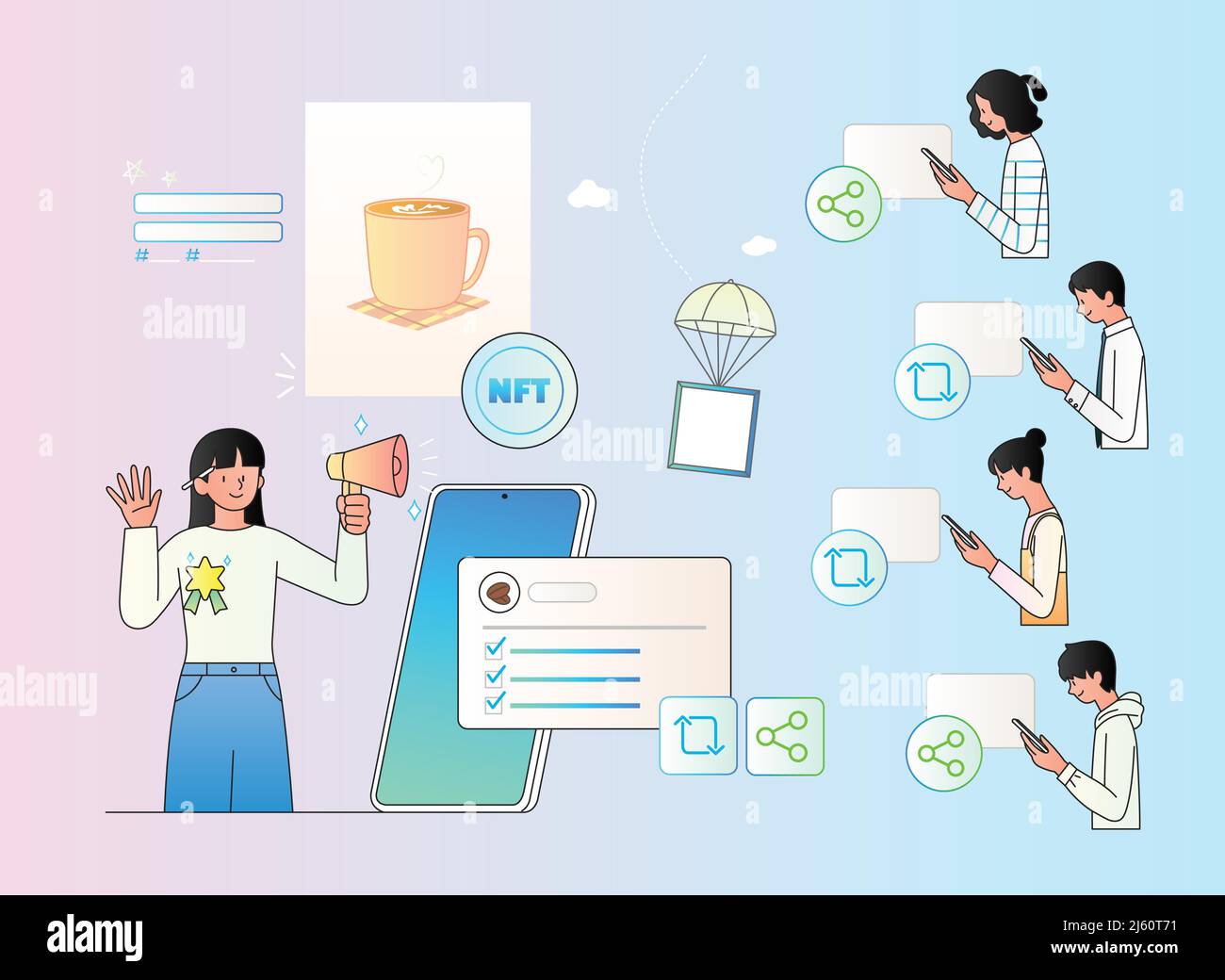 NFT vector illustration of people trading digital assets online Stock ...