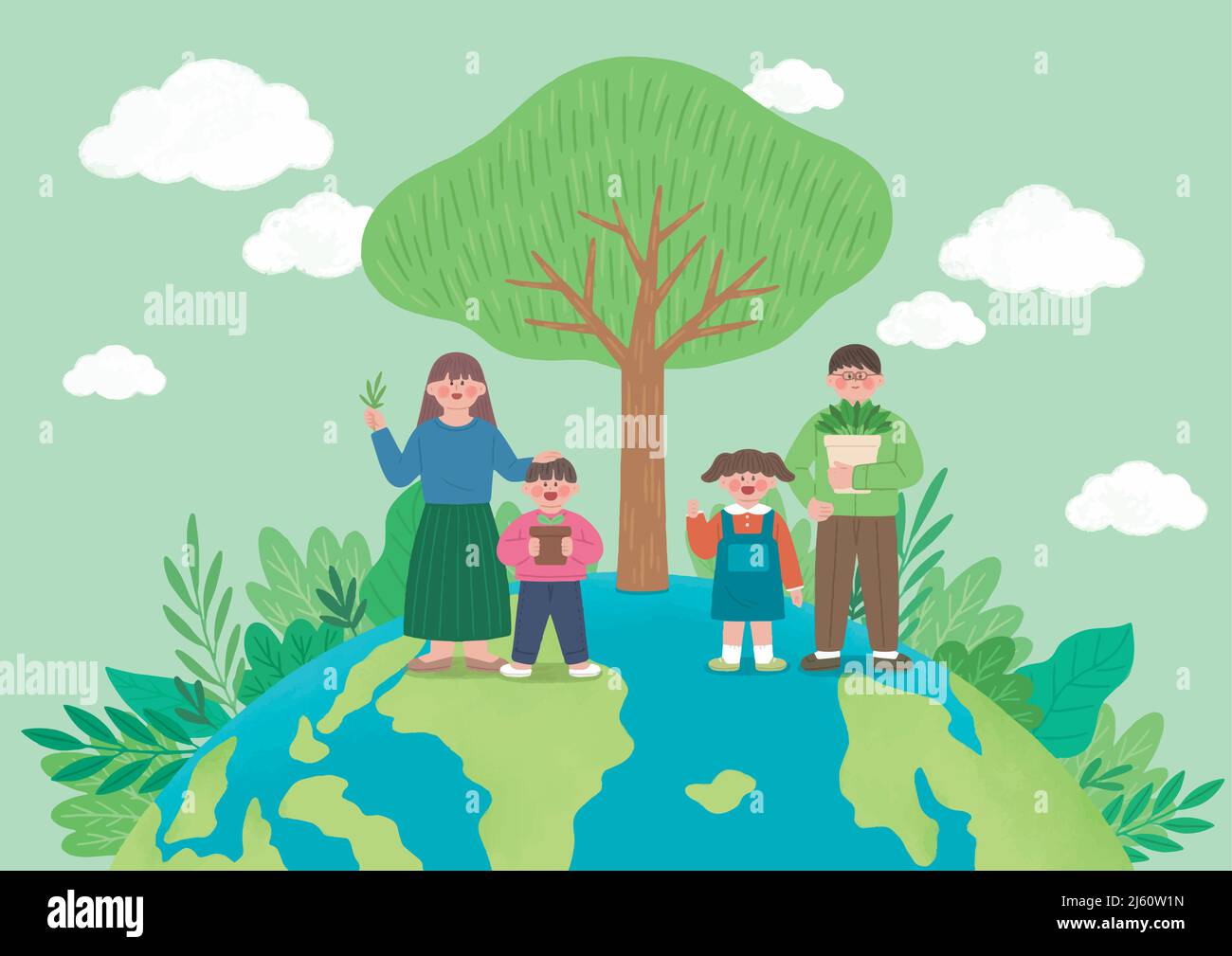 family coliving, protecting earth, environment and nature illustration ...