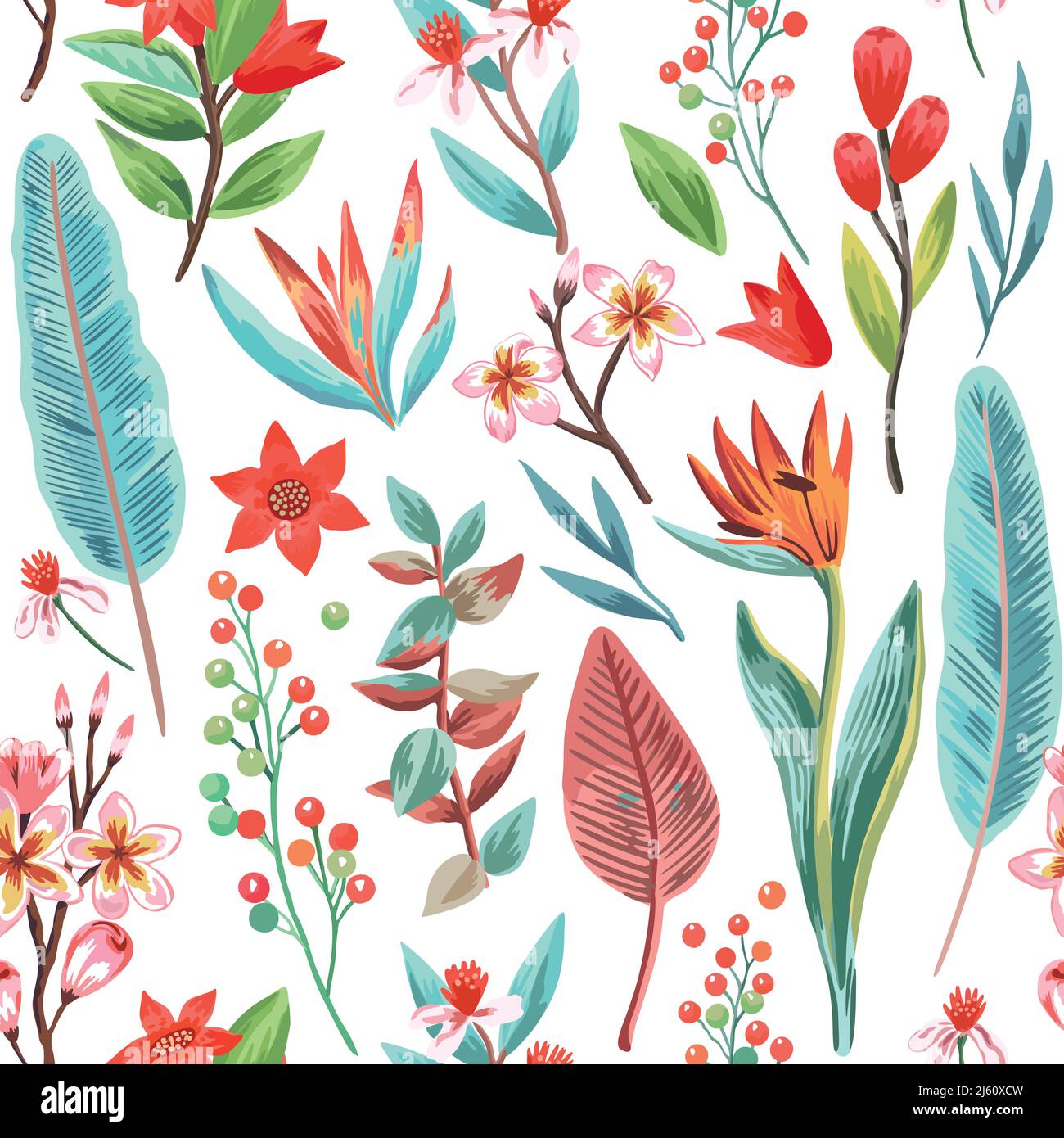 Seamless pattern with exotic tropical plants and flowers. Tropical ...