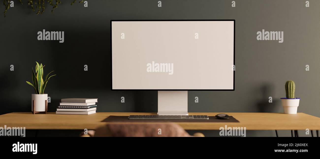 Modern workstation interior design with pc desktop computer mockup and ...