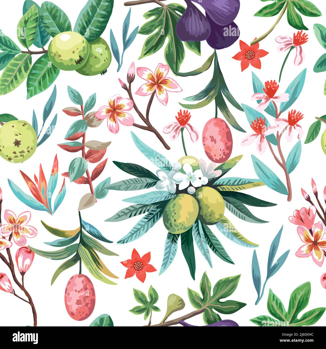 Seamless pattern with exotic tropical plants, fruits and flowers ...