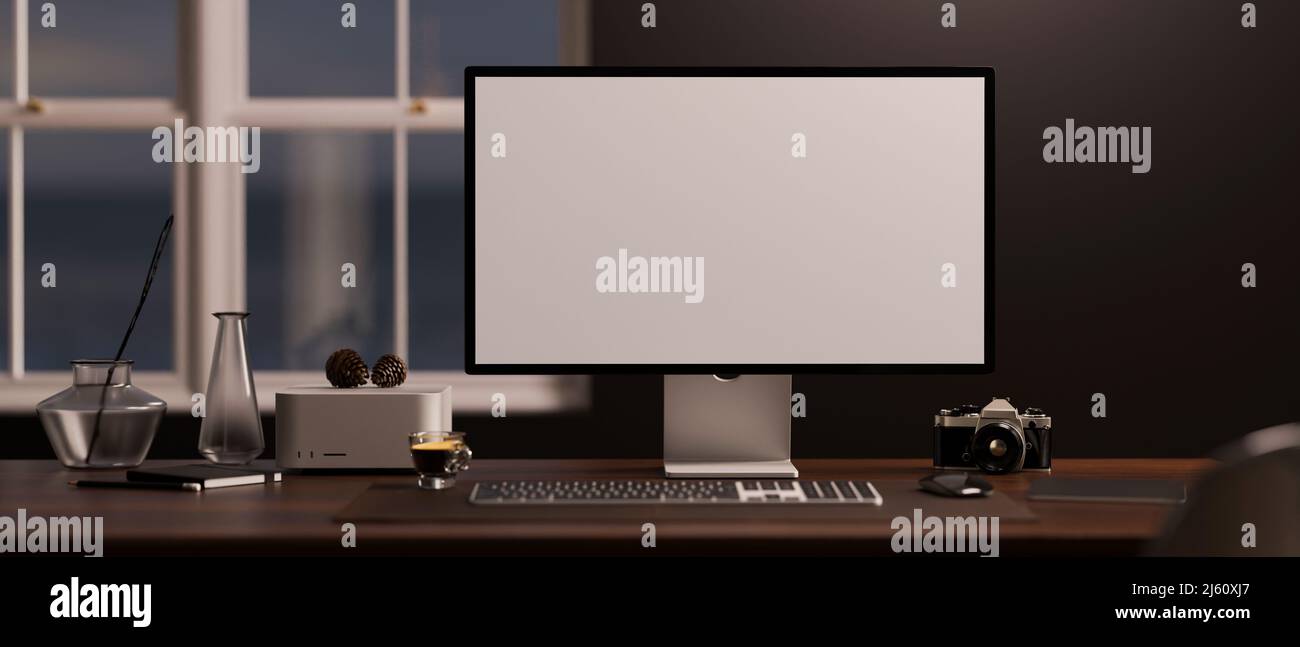 Close-up image, Modern dark stylish office workspace with PC desktop ...