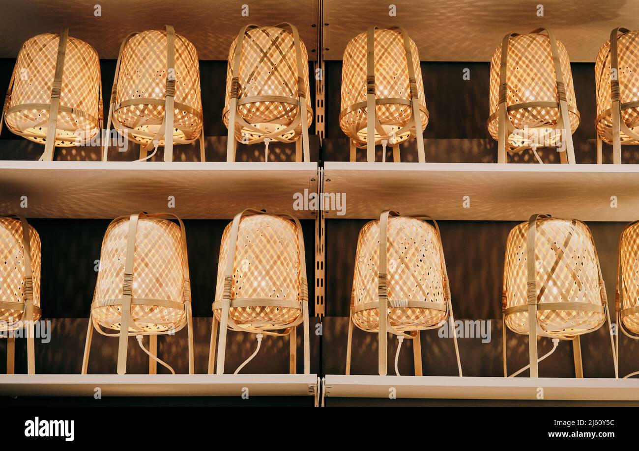 Background, texture of glowing, wooden lamps standing on a shelf Stock ...