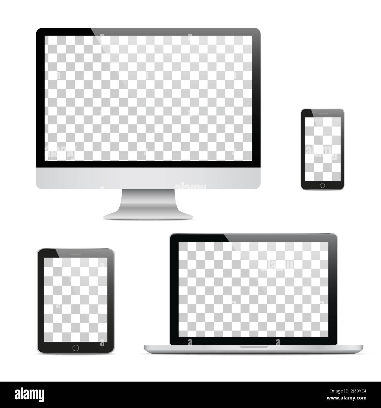 Set of realistic computer monitor, laptop, tablet and mobile phone with isolated on transparent ...