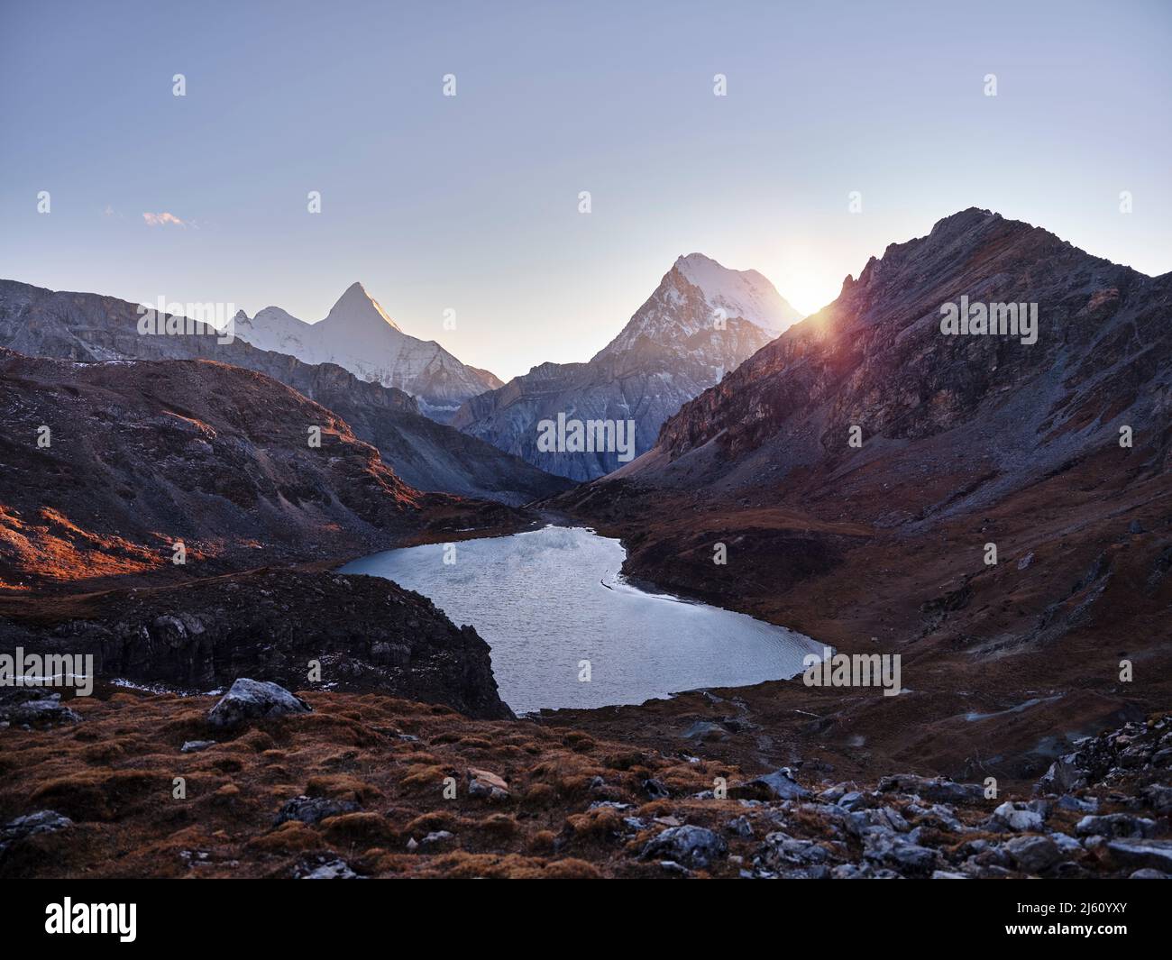 mount jampayang, mount chanadorje and lake boyongcuo at sunset in ...