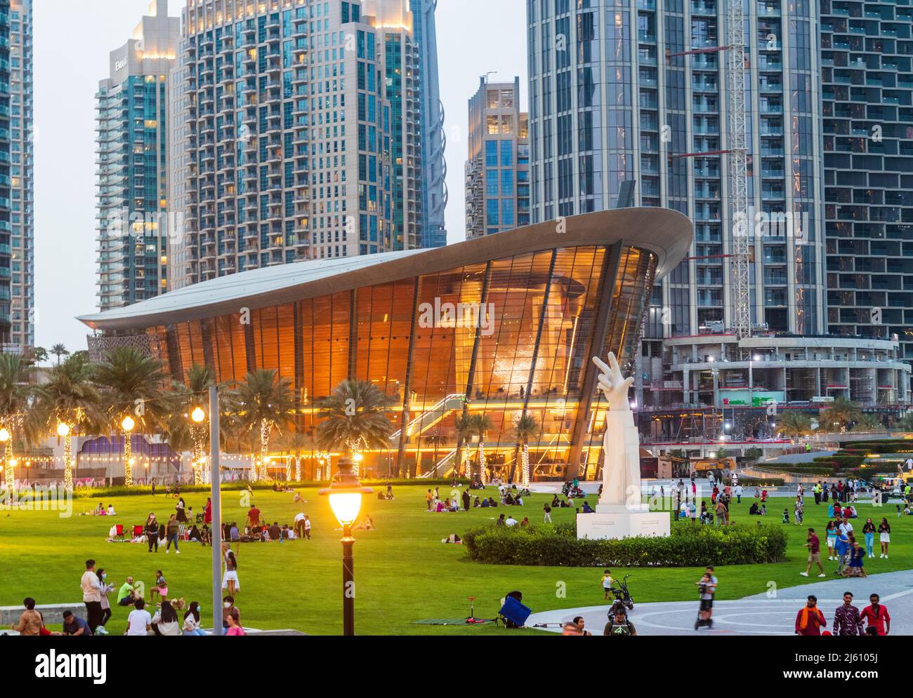 Dubai, UAE - 04.16.2022 - Downtown, visitors at downtown park, Dubai ...