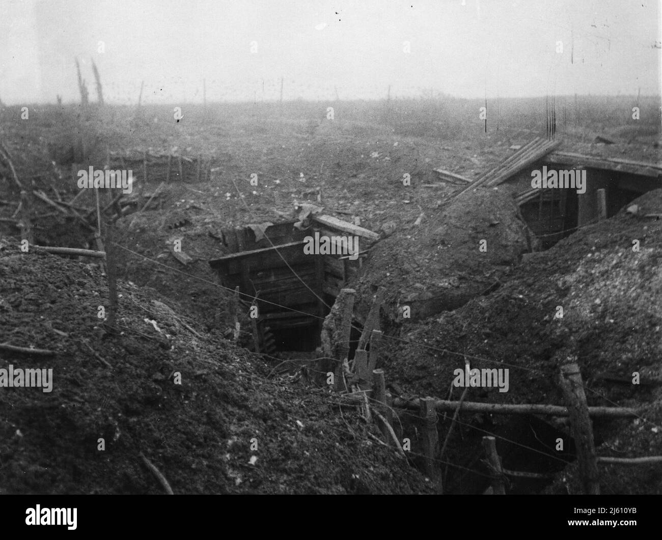 A captured German front-line trench, with a complex system of dugouts ...
