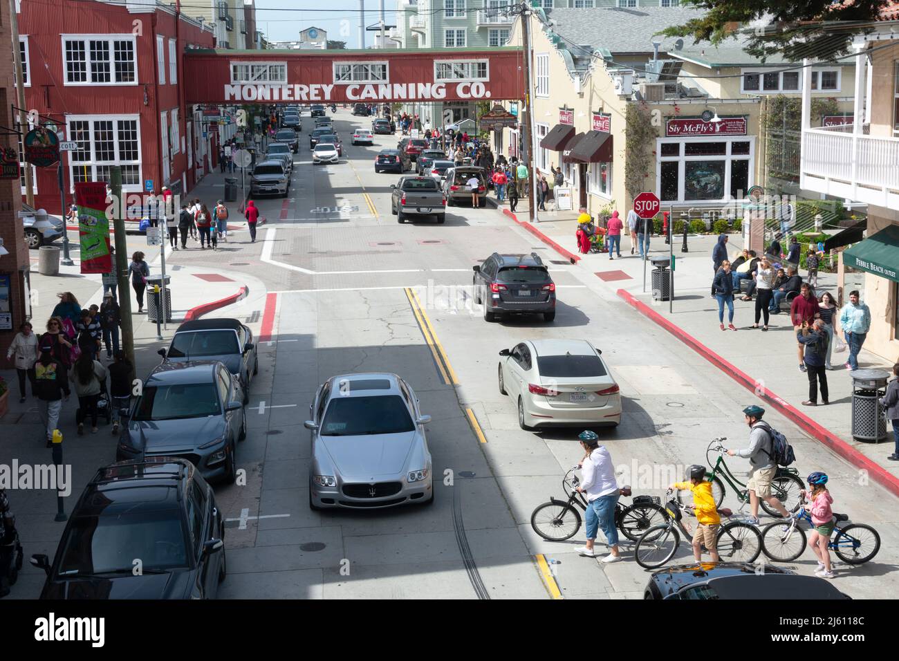 Elevated view of busy Cannery Row street - Monterey, California, USA ...